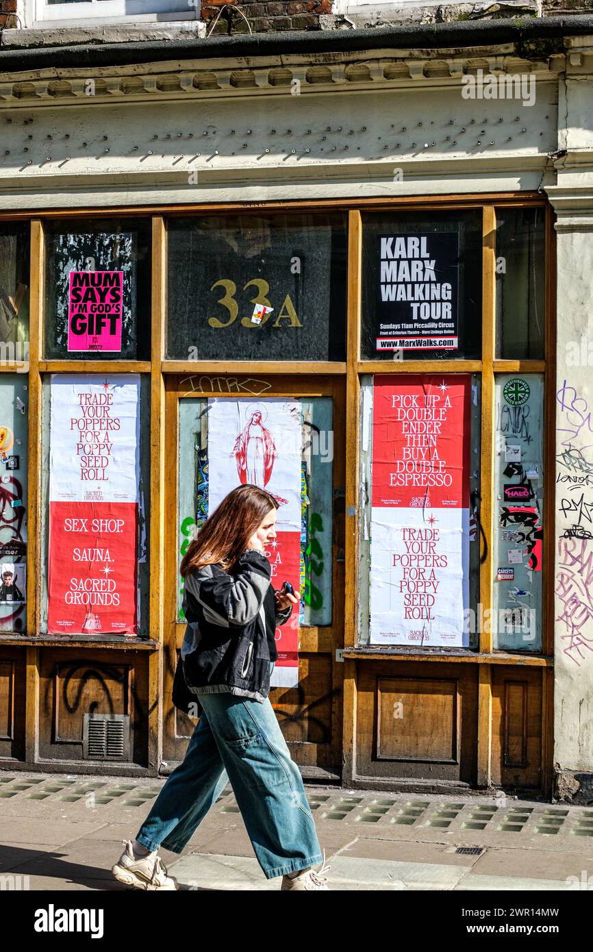 Soho, London UK, March 08 2024, Woman Walking Past Empty Closed Shop ...