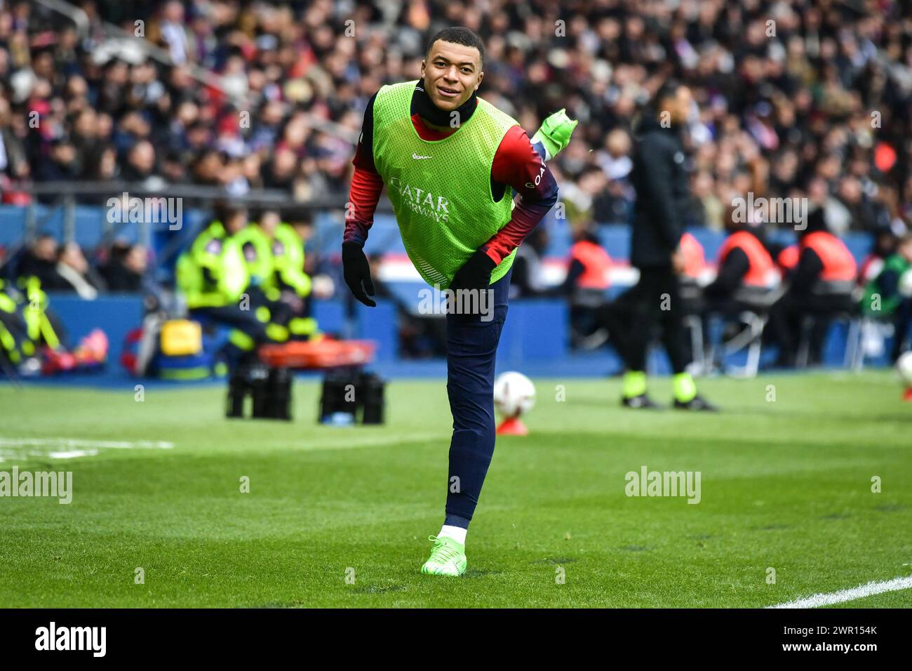 Paris Saint-Germain’s forward Kylian Mbappe warms up during the Ligue 1 ...