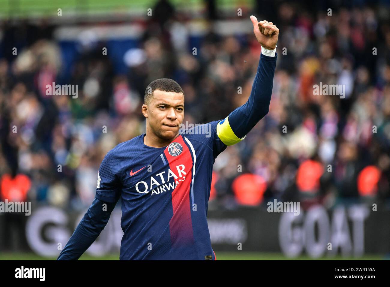 Paris Saint-Germain’s forward Kylian Mbappe cheers supporters at the ...