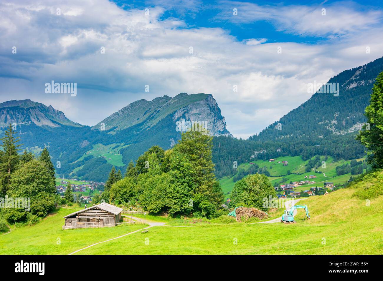 Au: old hut Vorsäßhütte Holdamoos, village Rehmen, mountain Kanisfluh ...