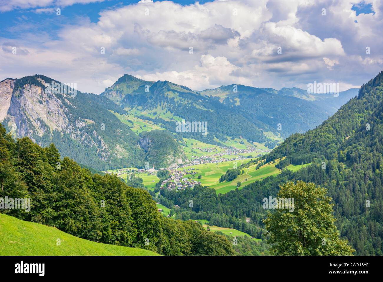 Au: village and church Au, mountain Diedamskopf in Bregenzerwaldgebirge ...
