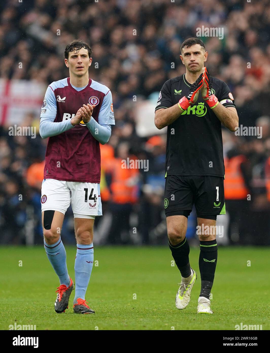 Aston Villa's Pau Torres (left) and Emiliano Martinez after the Premier ...