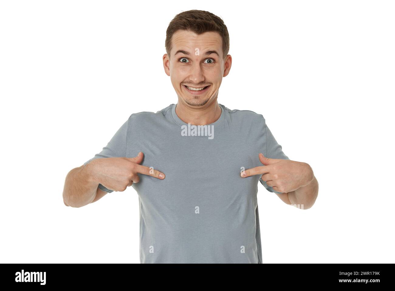 happy guy looking pointing at himself on white studio background Stock ...