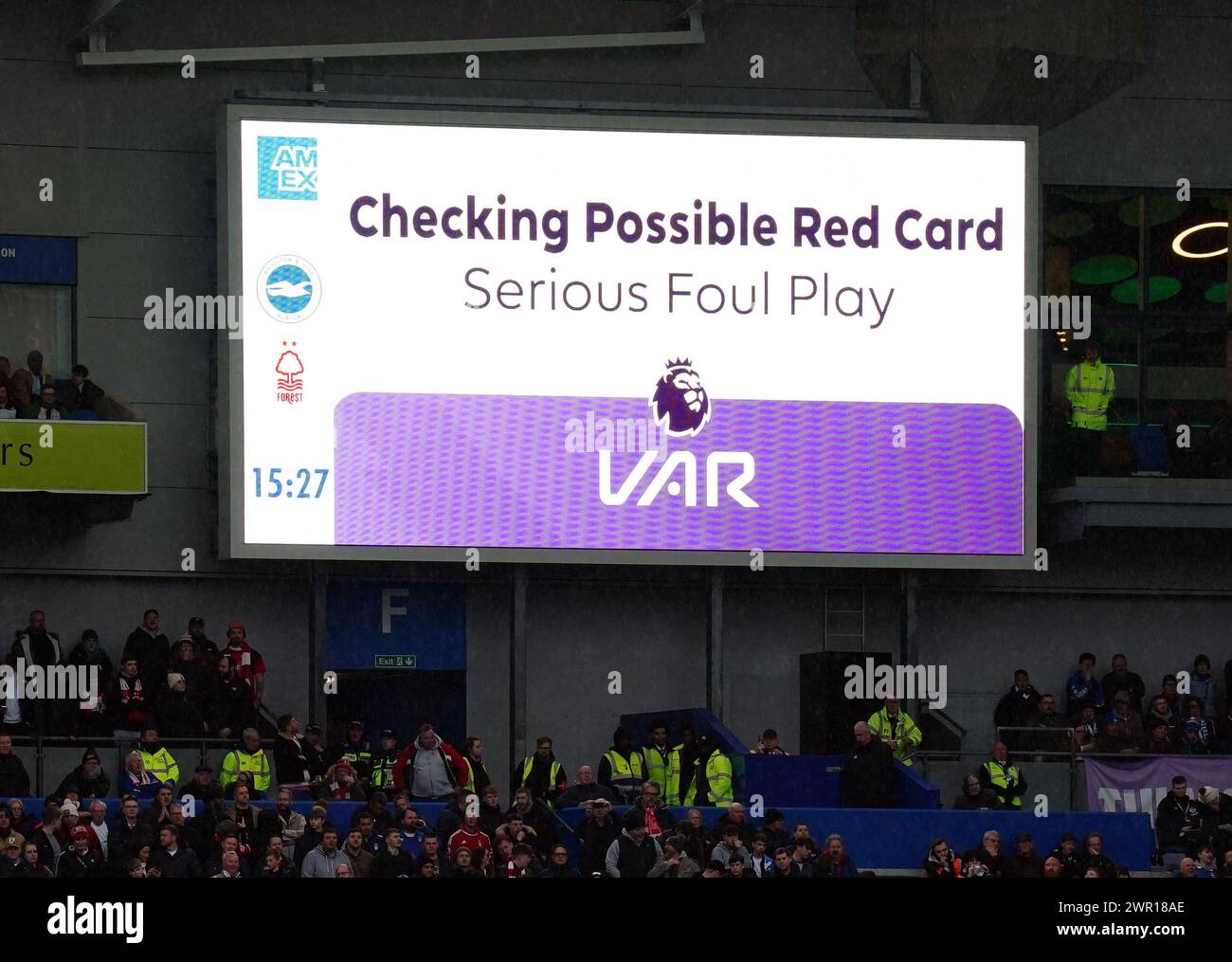 A VAR check for a red card on the big screen during the Premier League ...