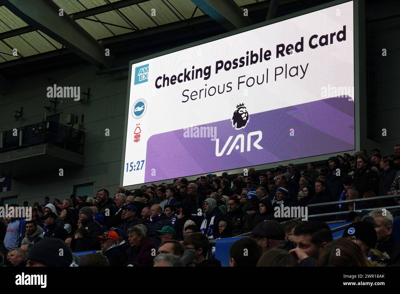A VAR check for a red card on the big screen during the Premier League ...