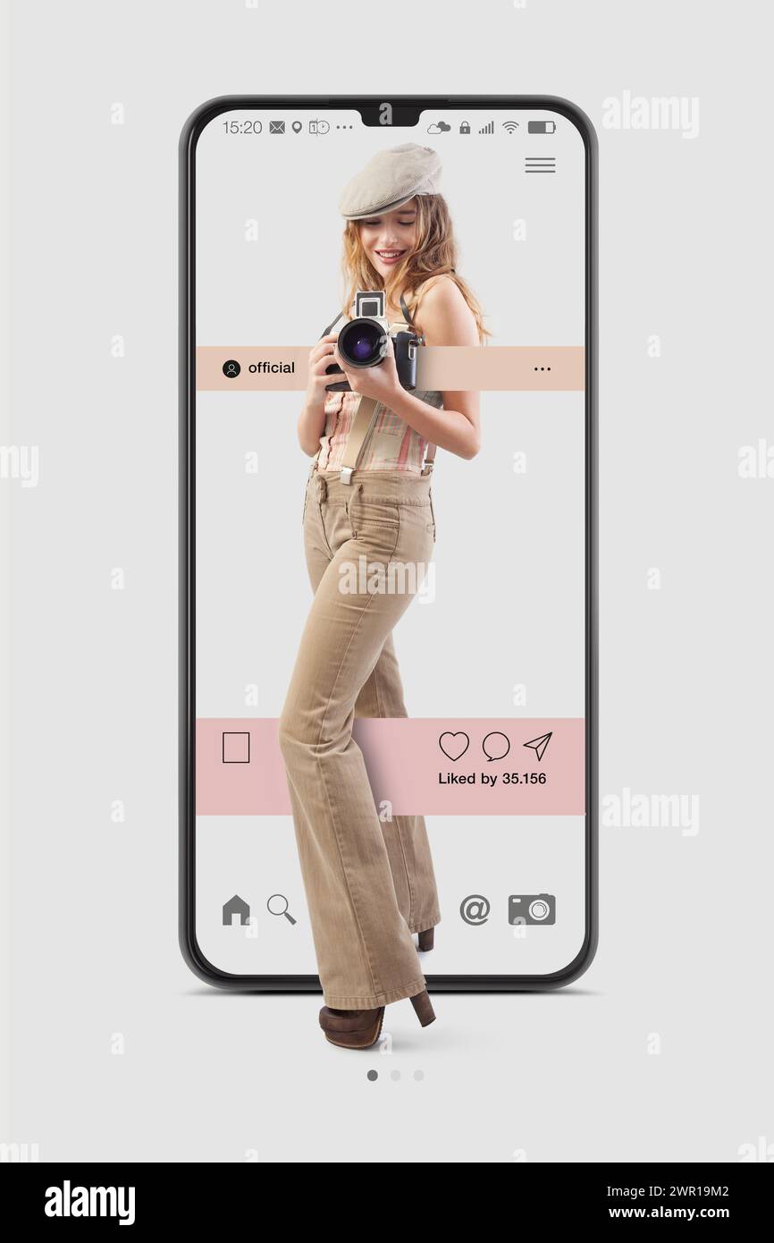 Social media manager, smiling Influencer girl holding retro photo ...