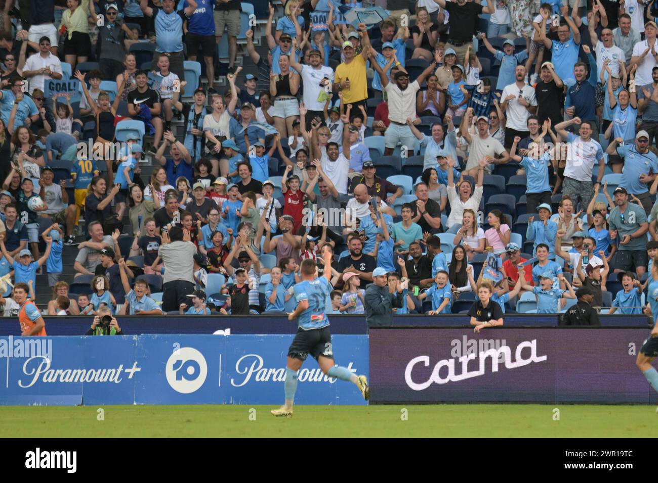 Fans cheer during the Isuzu UTE A-League 2023-24 season round 20 match between Sydney FC and ...