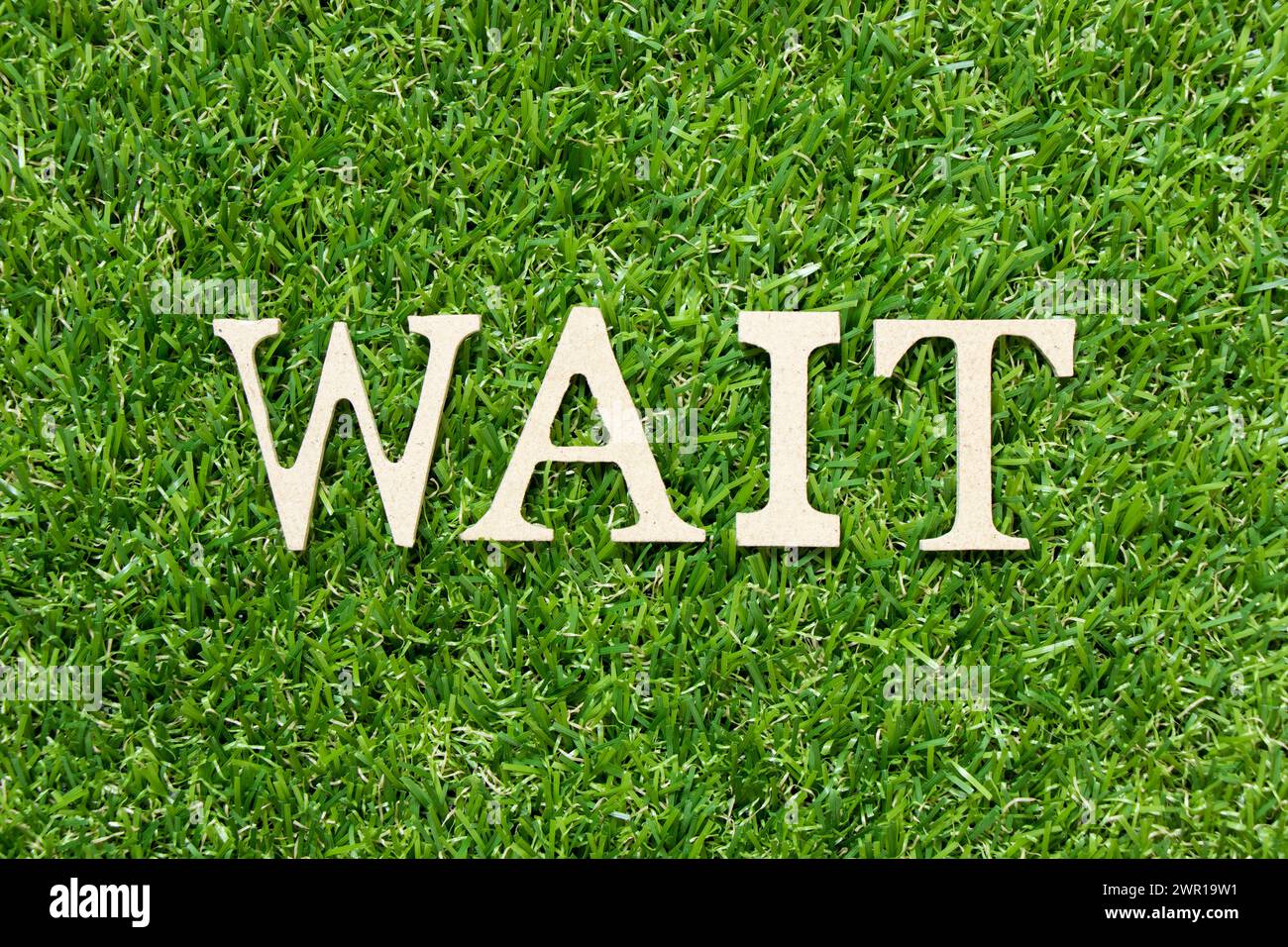 Wood letter in word wait on green grass background Stock Photo - Alamy