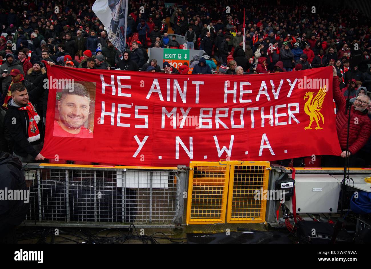 Liverpool fans with a banner in the stands before the Premier League ...
