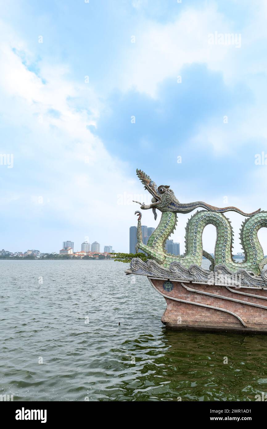 Hanoi West Lake, or Tay Ho Lake, view with Twin Dragons statue, a ...