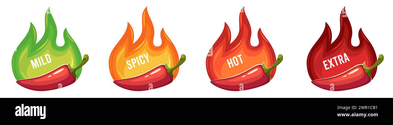 Pepper spiciness levels. Hot spicy gradations stickers, jalapeno, chili ...