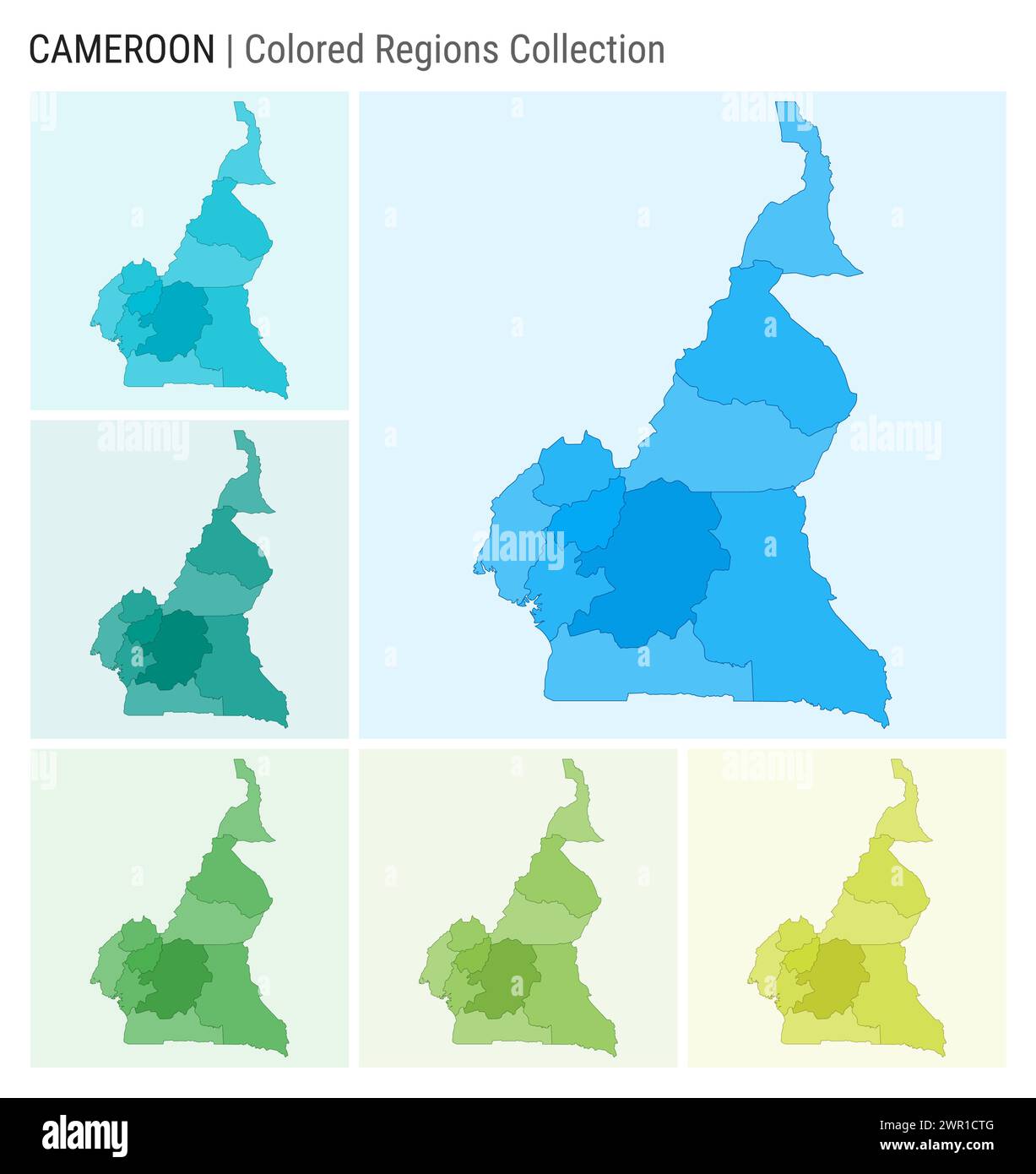 Cameroon map collection. Country shape with colored regions. Light Blue ...