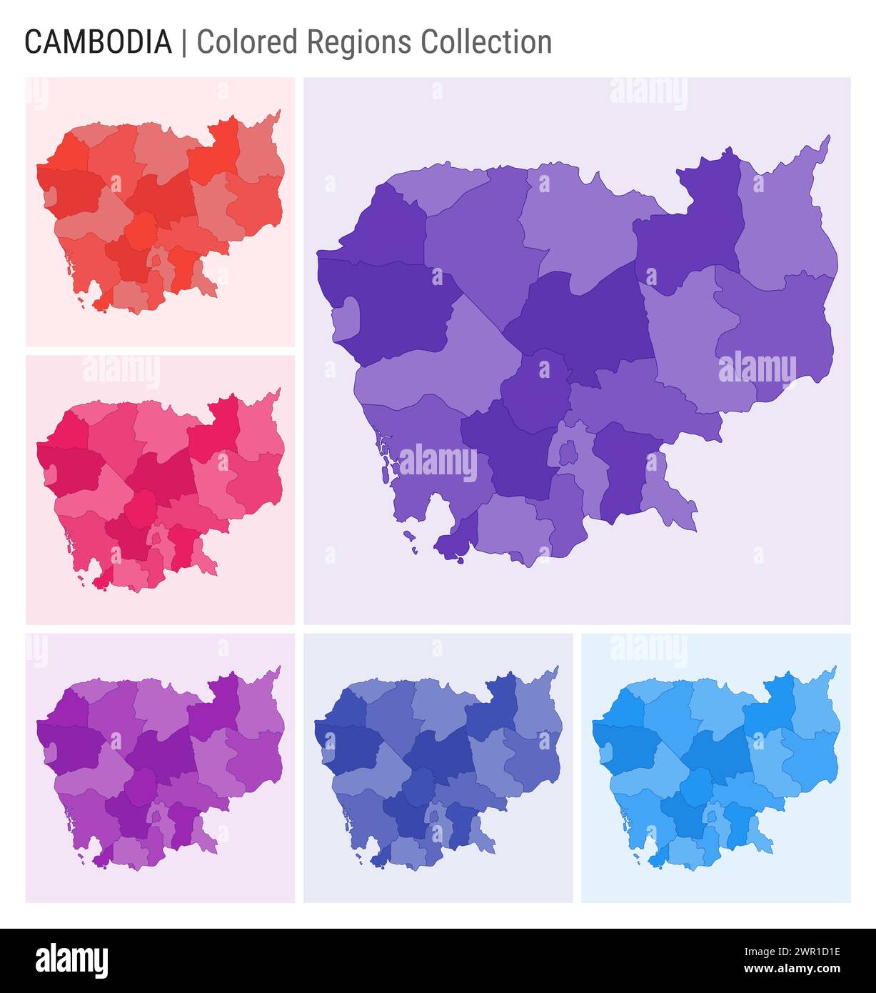 Cambodia map collection. Country shape with colored regions. Deep ...