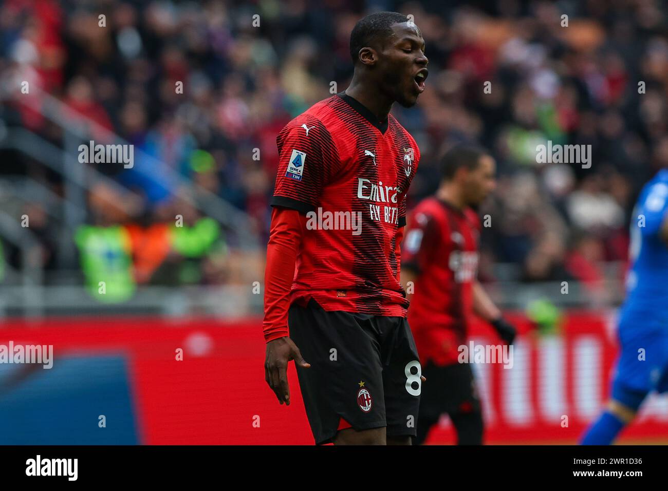 Yunus Musah of AC Milan reacts during Serie A 2023/24 football match between AC Milan and Empoli ...