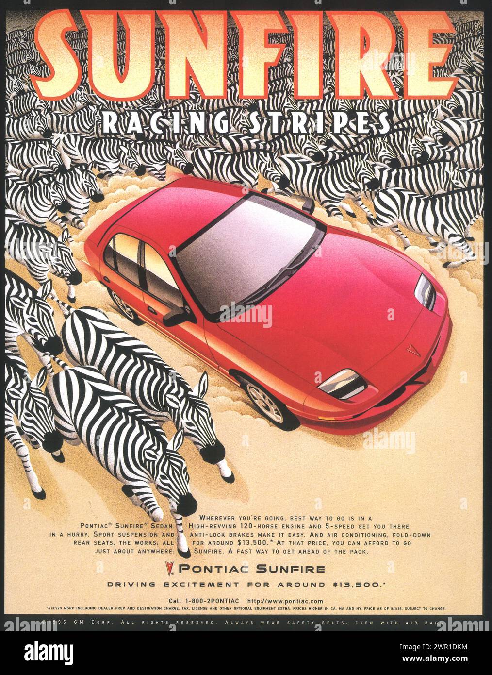 1996 PONTIAC Sunfire red 4-door sedan print ad. "Racing stripes Stock ...