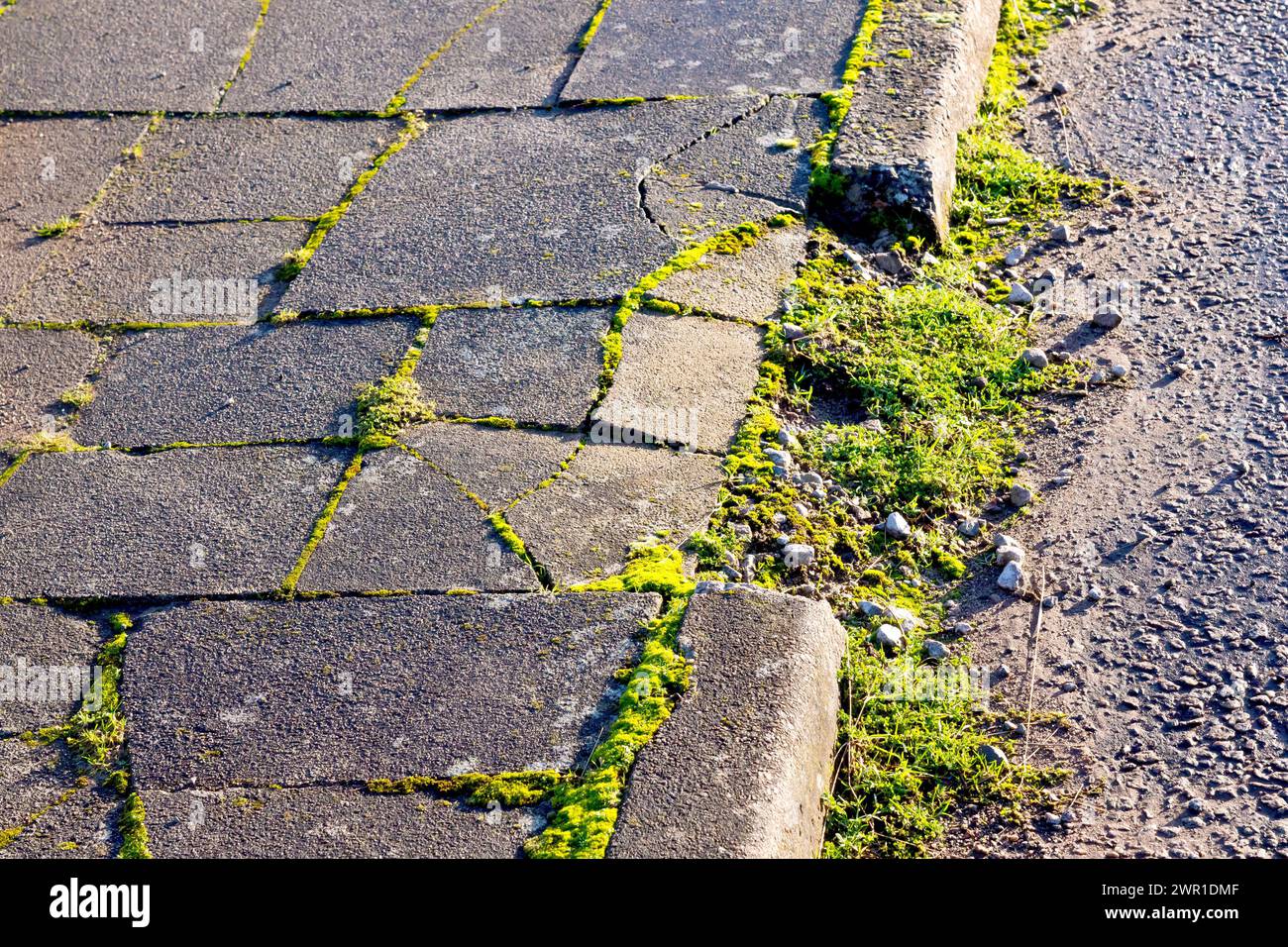 Close up of a pavement damaged by vans and lorries parking on it ...