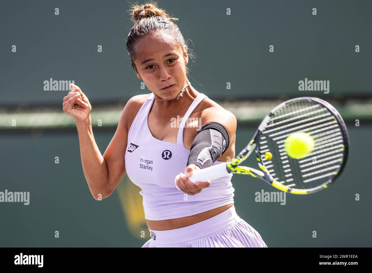March 9, 2024: Leylah Fernandez (CAN) hits a forehand as she was ...