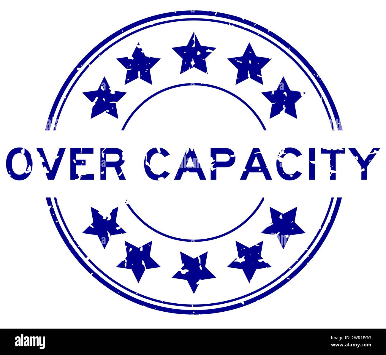 Grunge blue over capacity word with star icon round rubber seal stamp ...