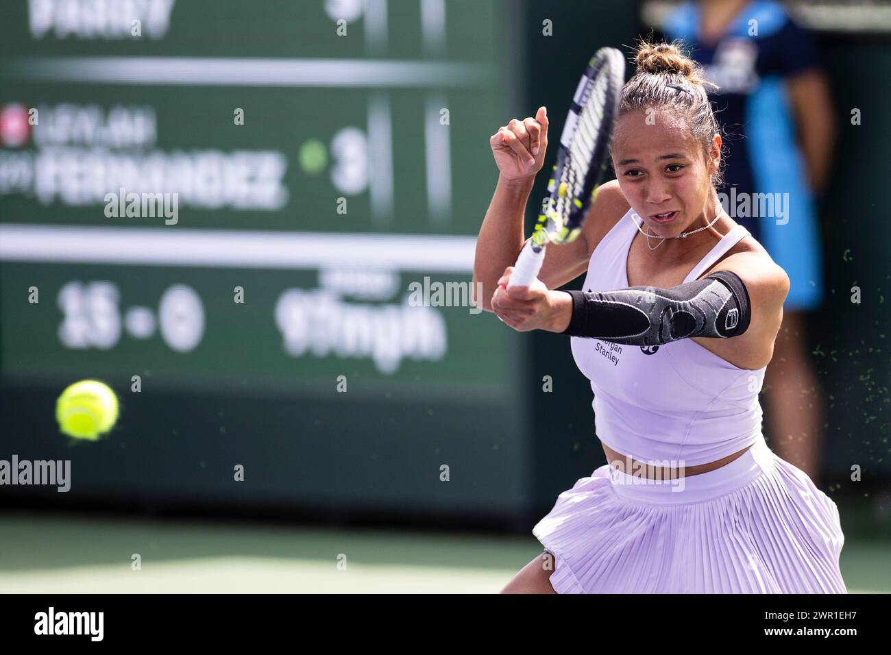 March 9, 2024: Leylah Fernandez (CAN) hits a forehand as she was ...