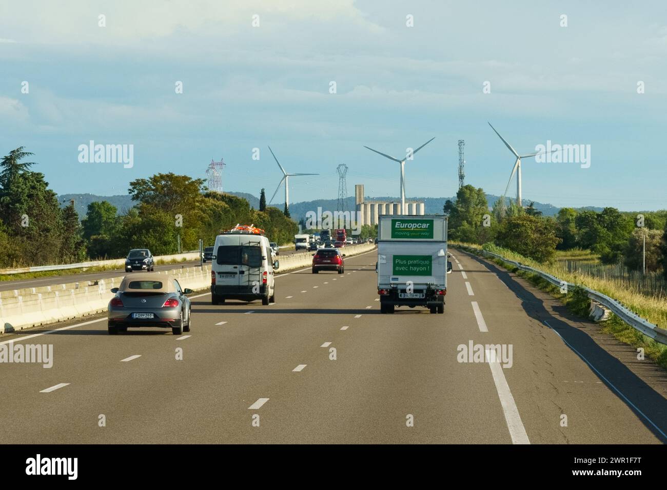 Valence, France - May 7, 2023: Cars driving in a group on a highway ...