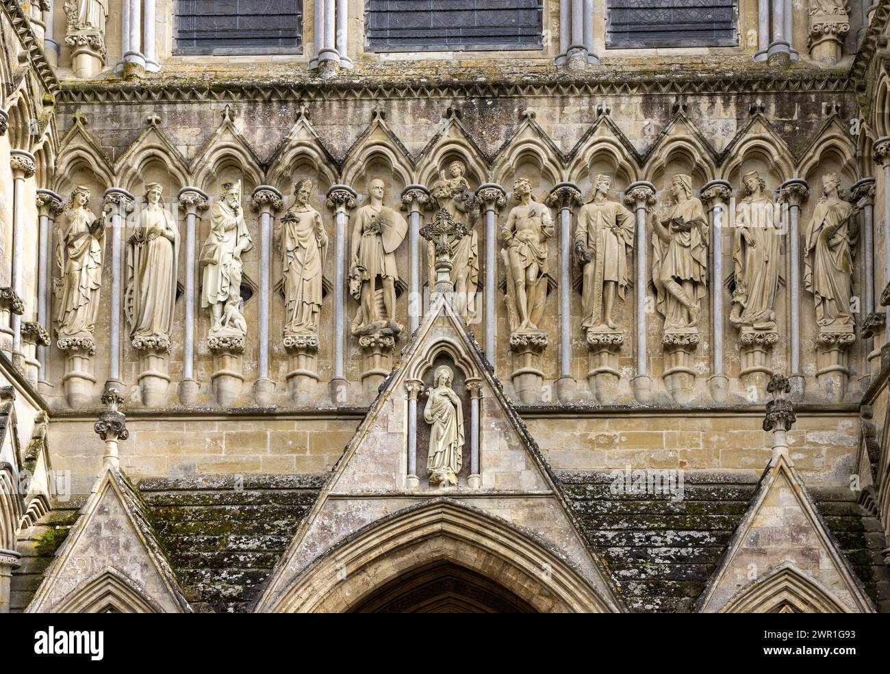 Salisbury Cathedral front entrance with ornate stone sculptures ...