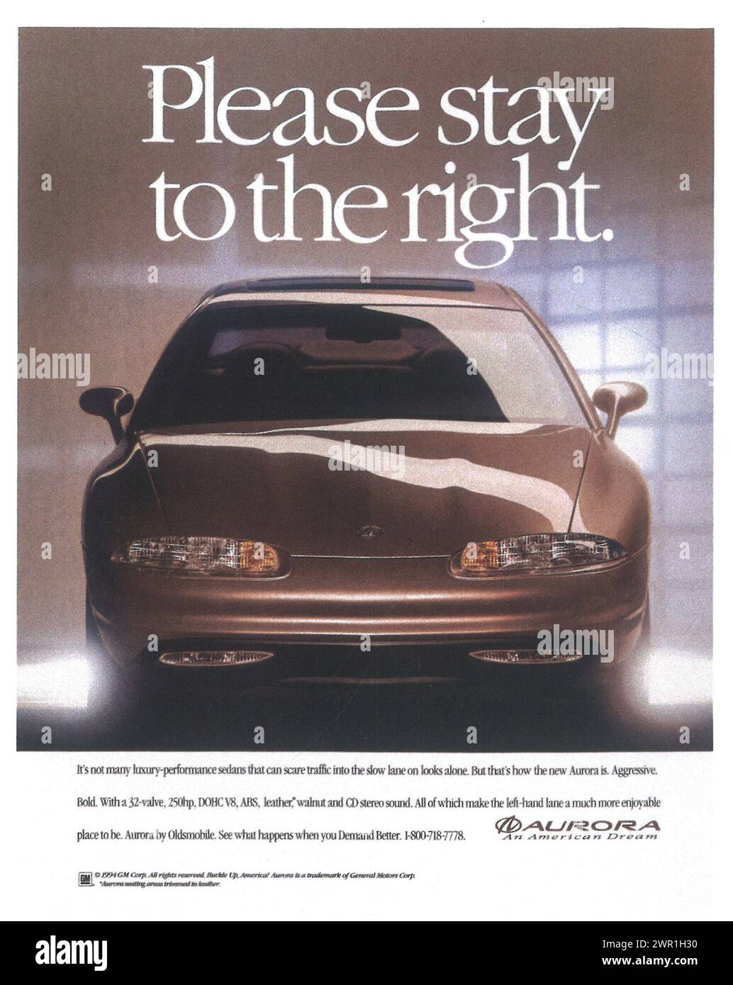 1995 Oldsmobile Aurora Print Ad. "Please stay to the right Stock Photo ...