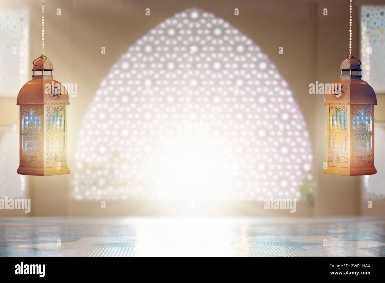 Ramadan Kareem greeting. Islamic lantern near mosque with night sky with crescent moon and stars ...