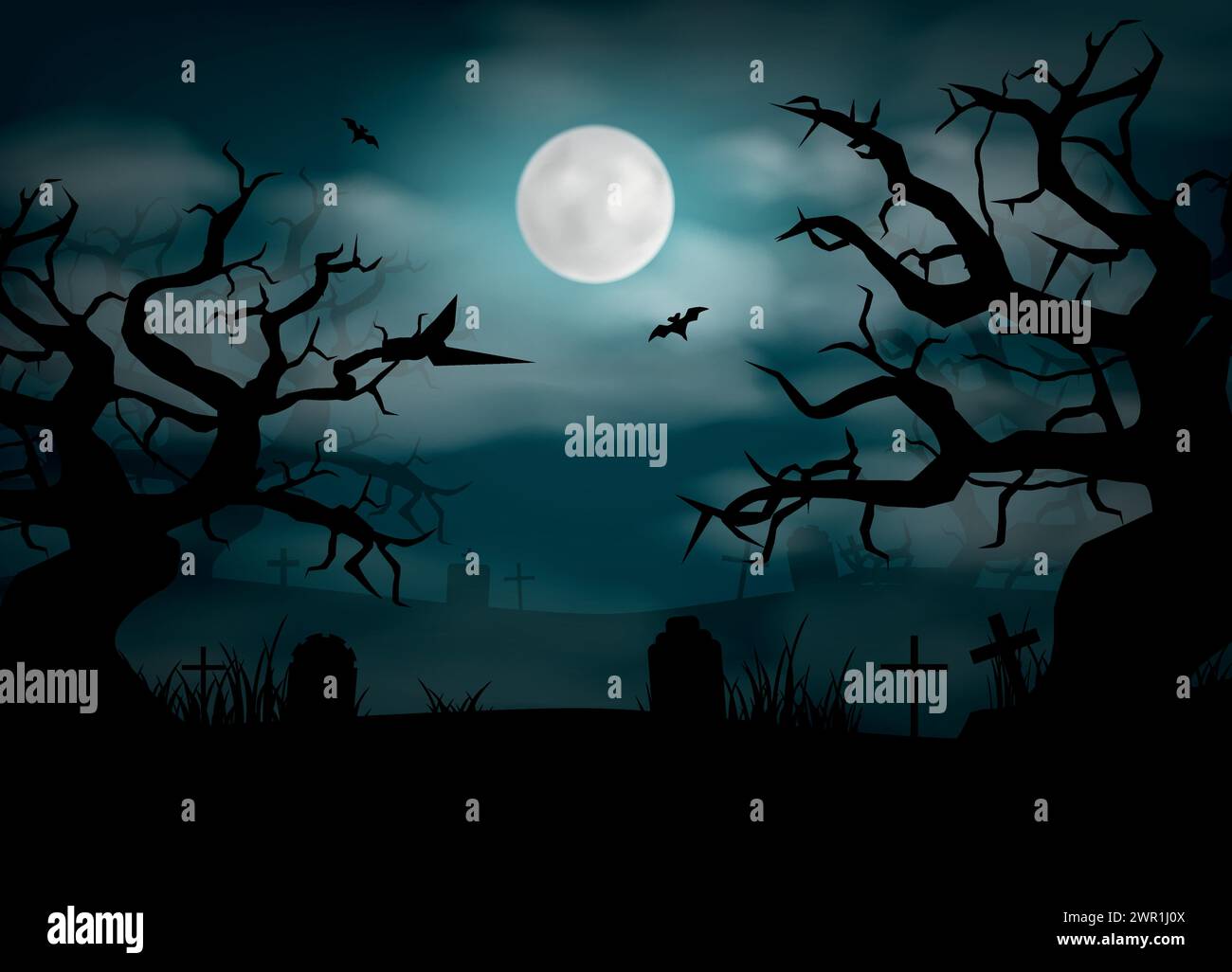 Halloween dark forest background with creepy cemetery landscape of night sky fantasy forest in ...