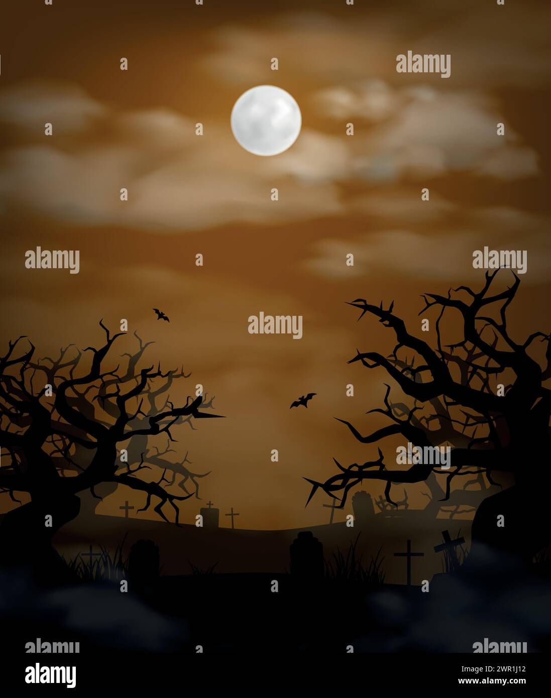 Halloween dark forest background with creepy cemetery landscape of night sky fantasy forest in ...