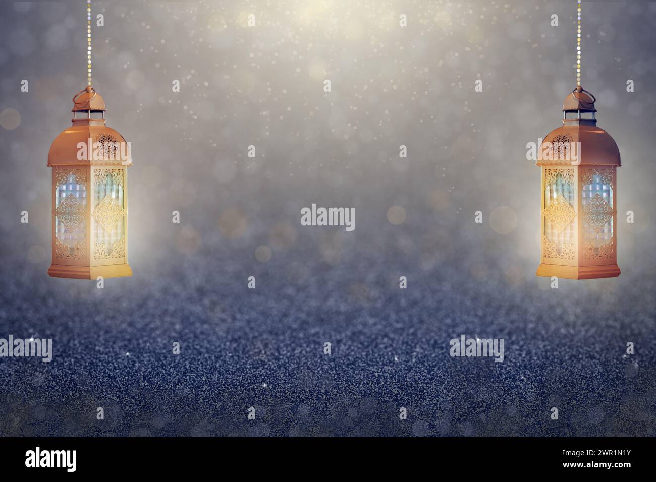 Ramadan Kareem greeting. Islamic lantern on dark blue glitter ...