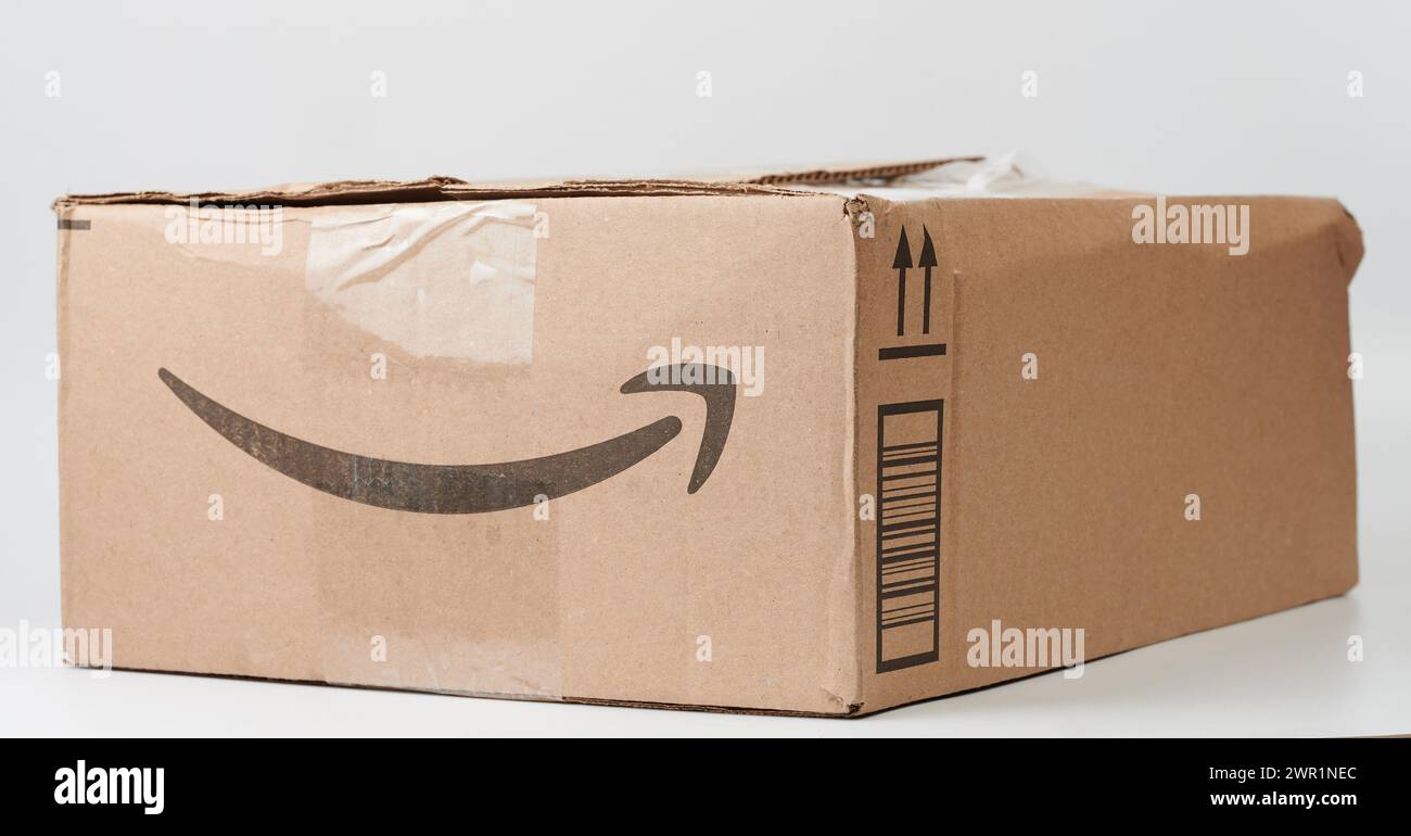 New York, USA - March 9, 2024: Amazon box on white background ready for ...