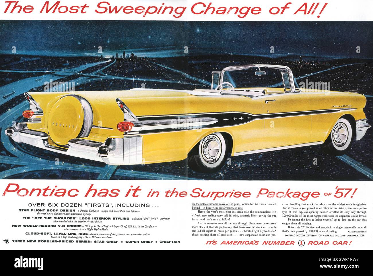1957 Pontiac Star Chief Yellow Convertible Print Ad Stock Photo - Alamy
