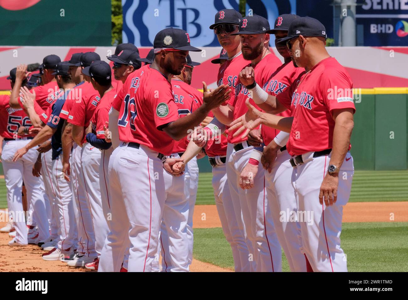 Boston Red Sox's Pablo Reyes, center, greets teammates prior to a ...