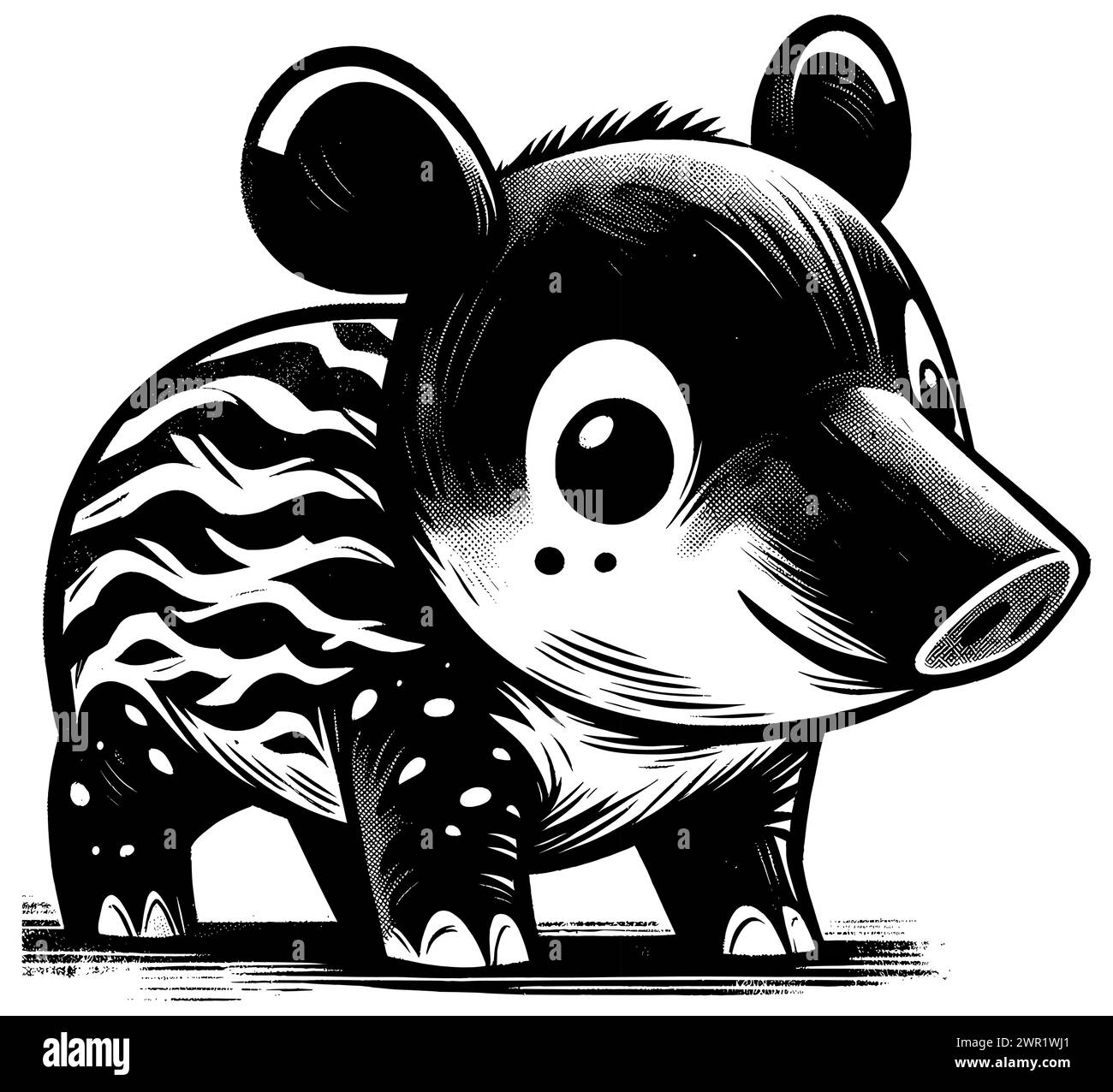 Woodcut style illustration of cute baby tapir on white background Stock ...
