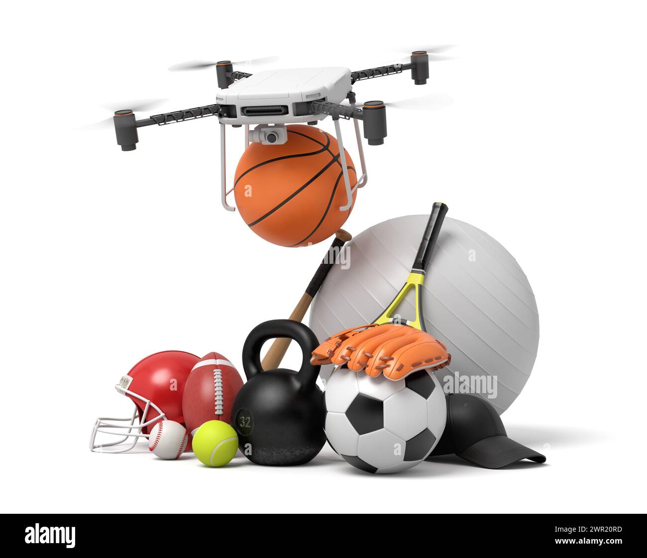 3d rendering of camera drone putting basketball in pile of sports ...
