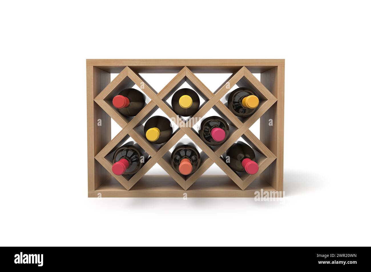 Wine bottles in wooden rack isolated Stock Photo - Alamy