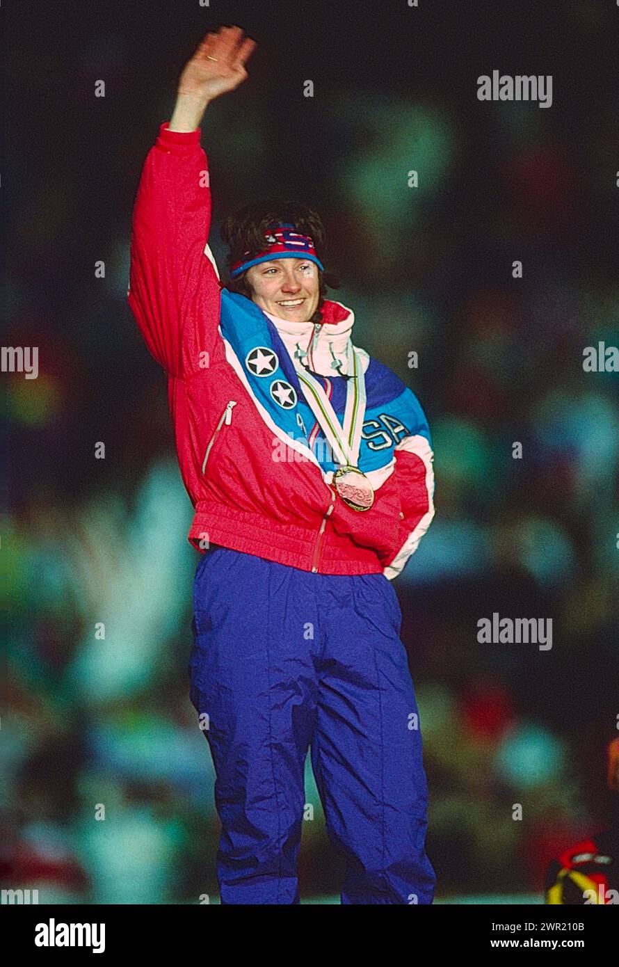 Bonnie Blair (USA) wins the old medal in the Women's 500m at the 1992 ...