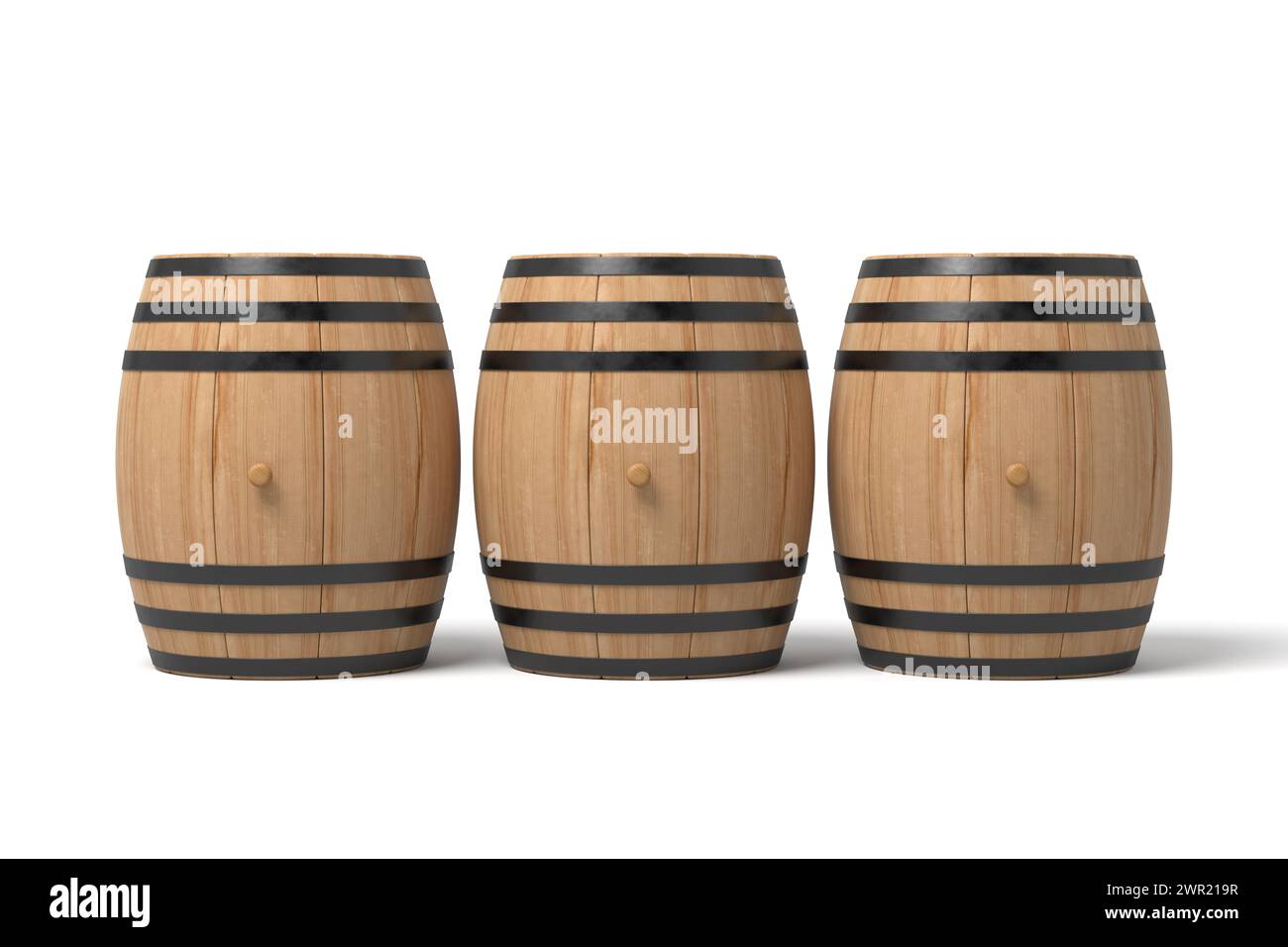 Three wooden barrels standing upright isolated on white Stock Photo - Alamy