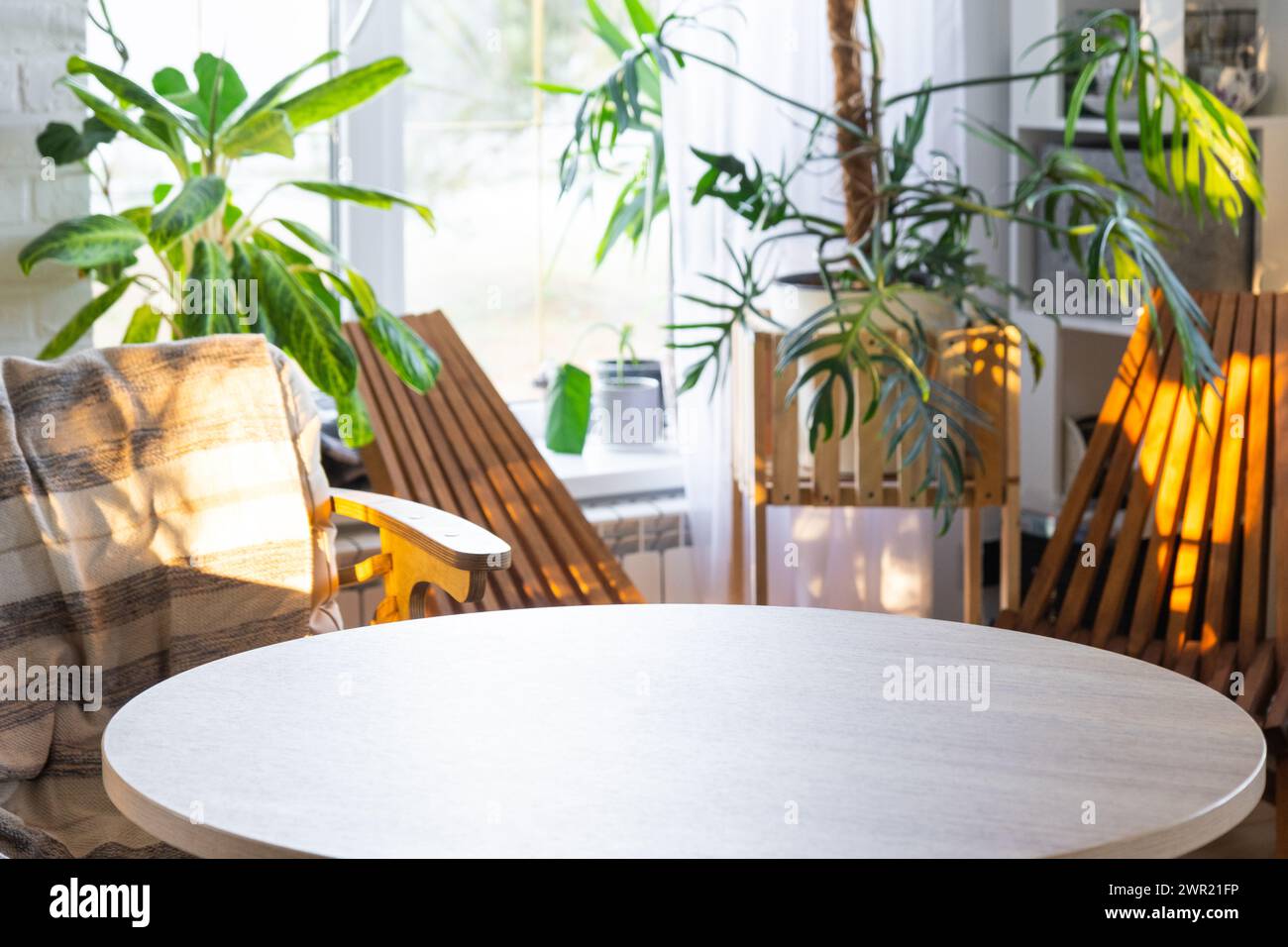 Empty round table for installation and demonstration of product in ...