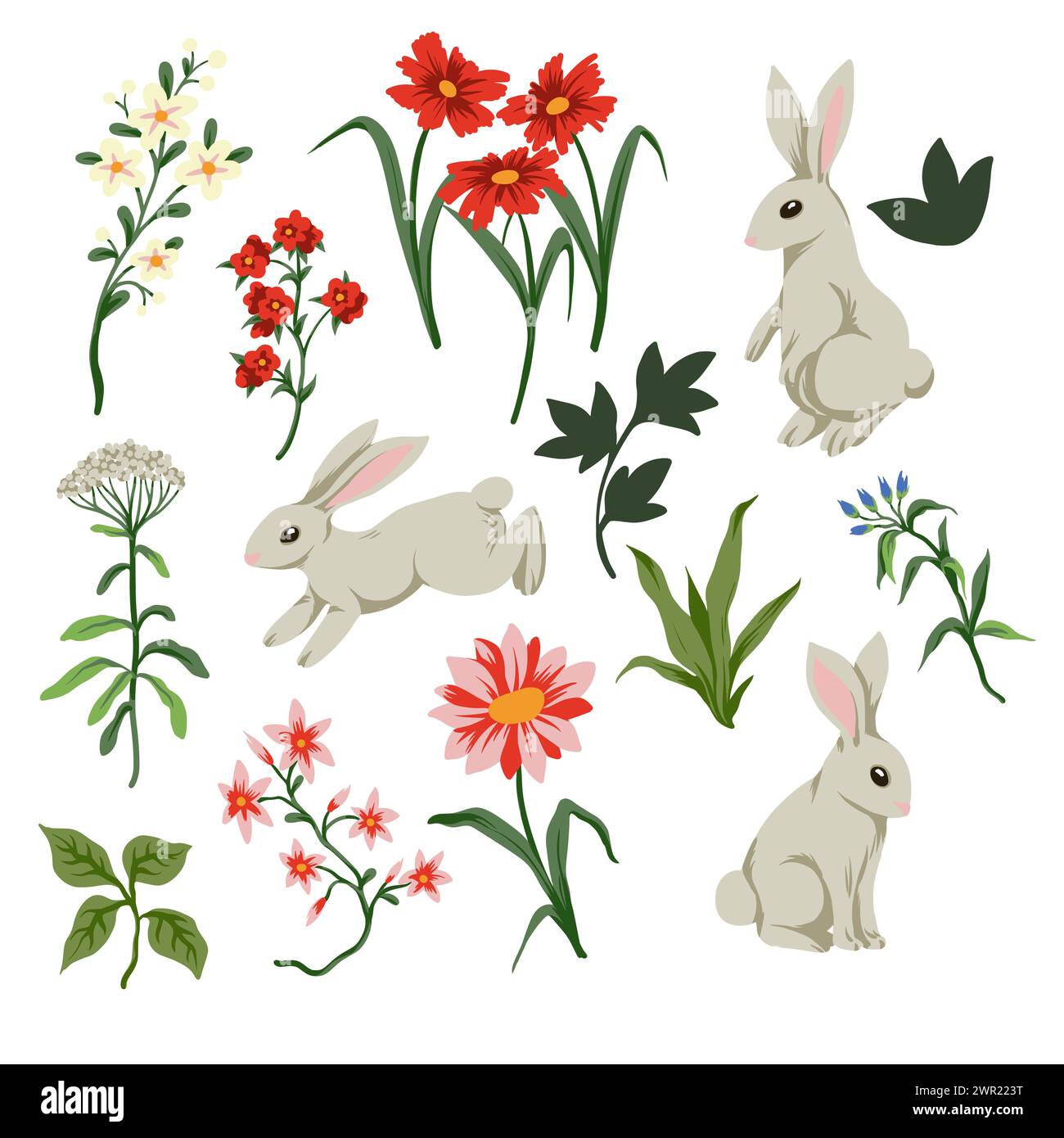 Cute white rabbits and flowers isolated. Vector Stock Vector Image ...