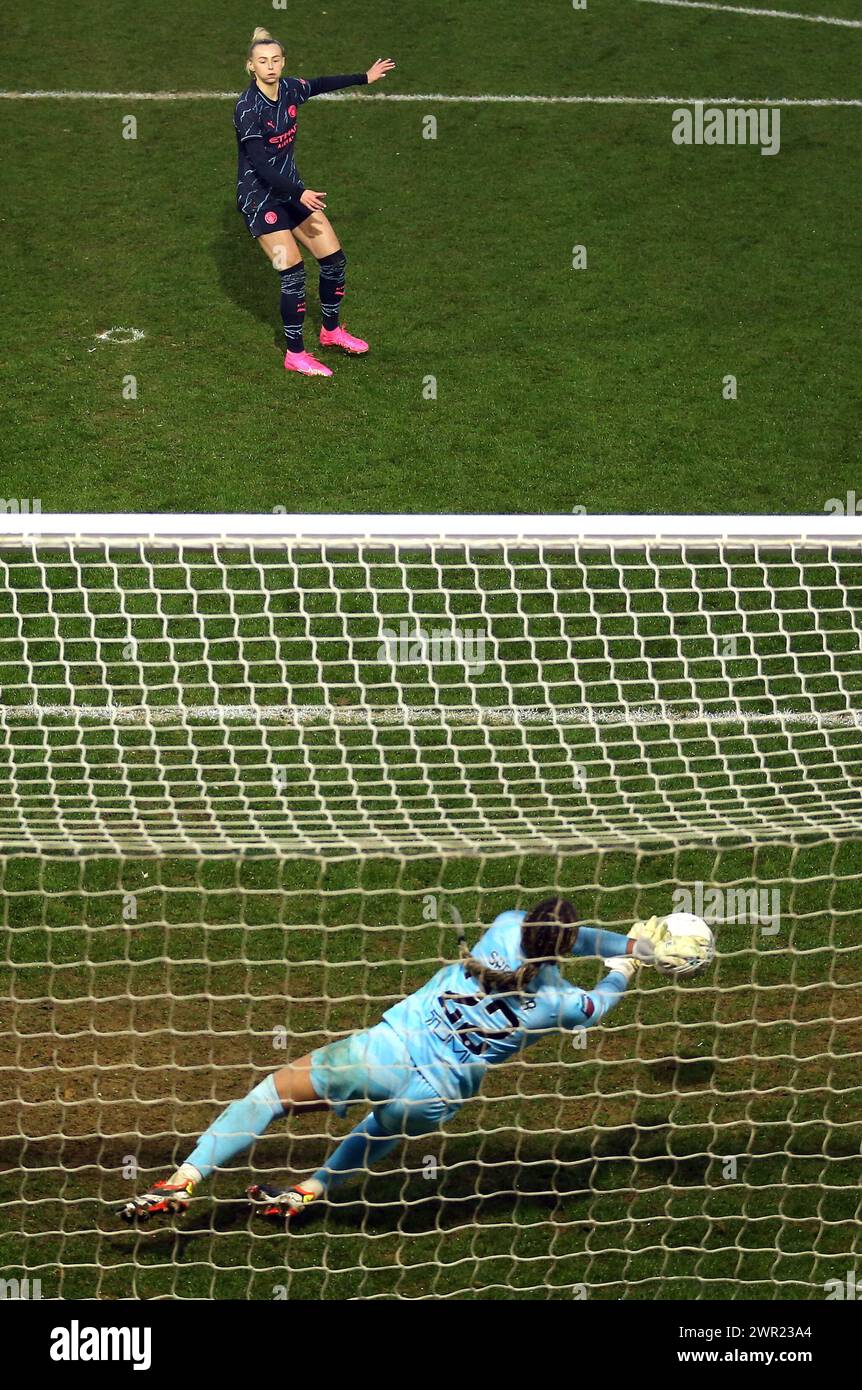 Tottenham Hotspur goalkeeper Becky Spencer saves a penalty kick from ...