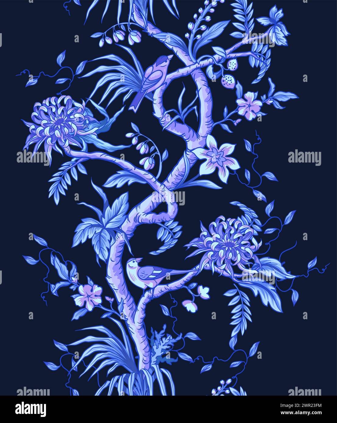 Seamless chinoiserie pattern with branches, flowers and birds. Vector ...