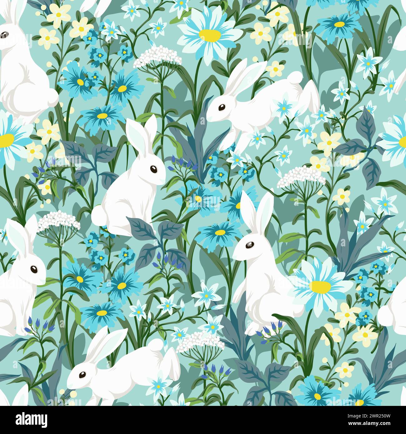 Seamless pattern with cute white rabbits and flowers. Vector Stock ...