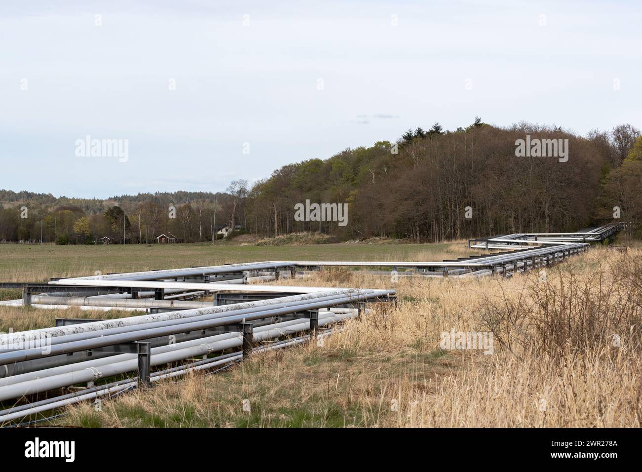 Pipe lines crossing a field with yellow dry grass Stock Photo - Alamy