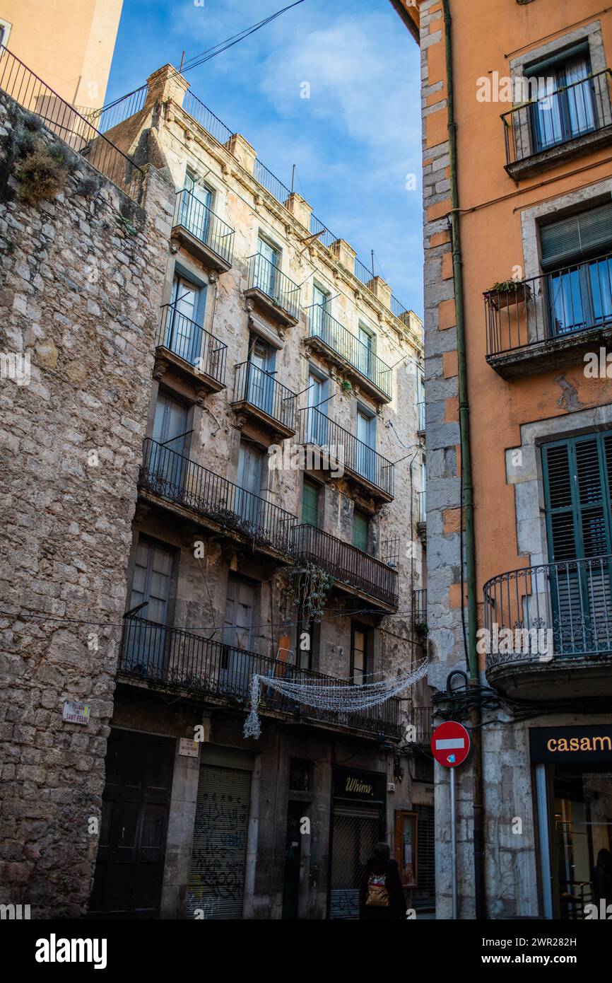Stone apartment building in Girona, Spain Stock Photo - Alamy