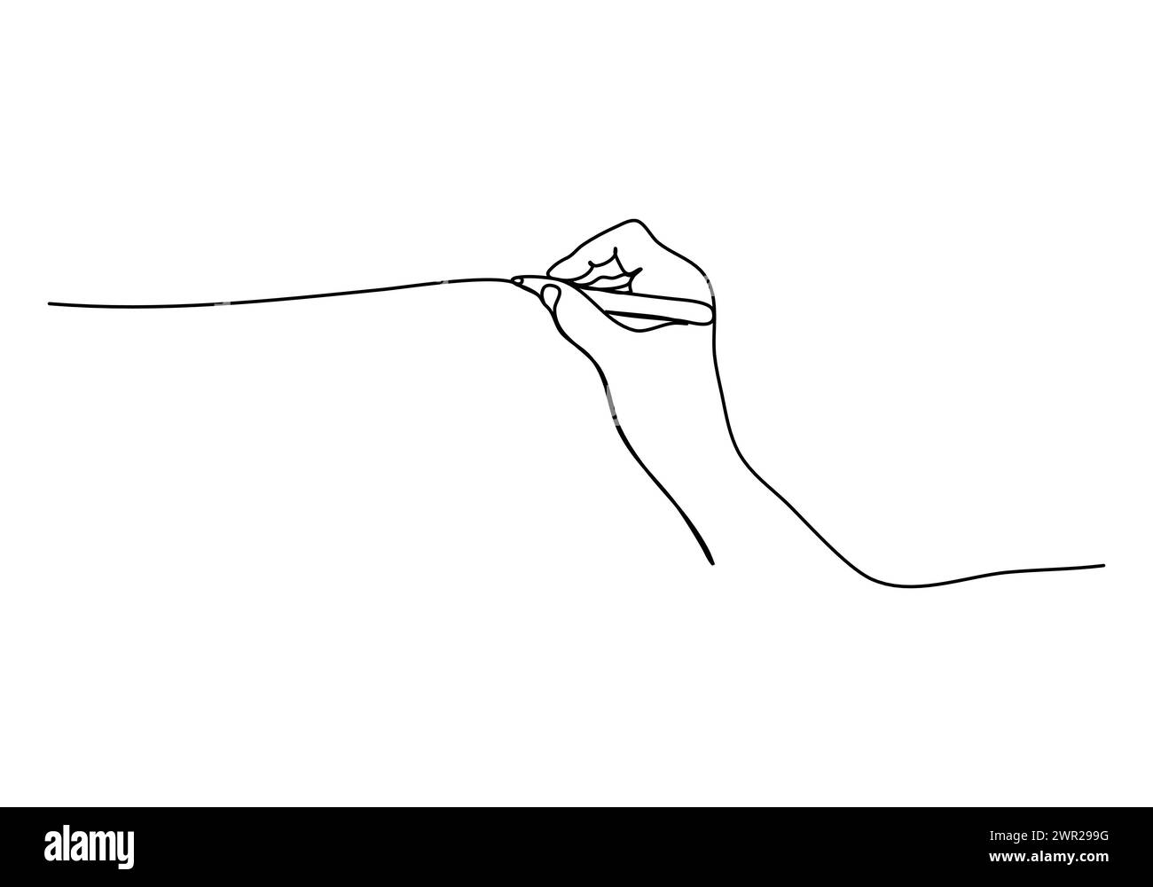 Hand with a pencil in it drawing a line, one line drawing vector ...