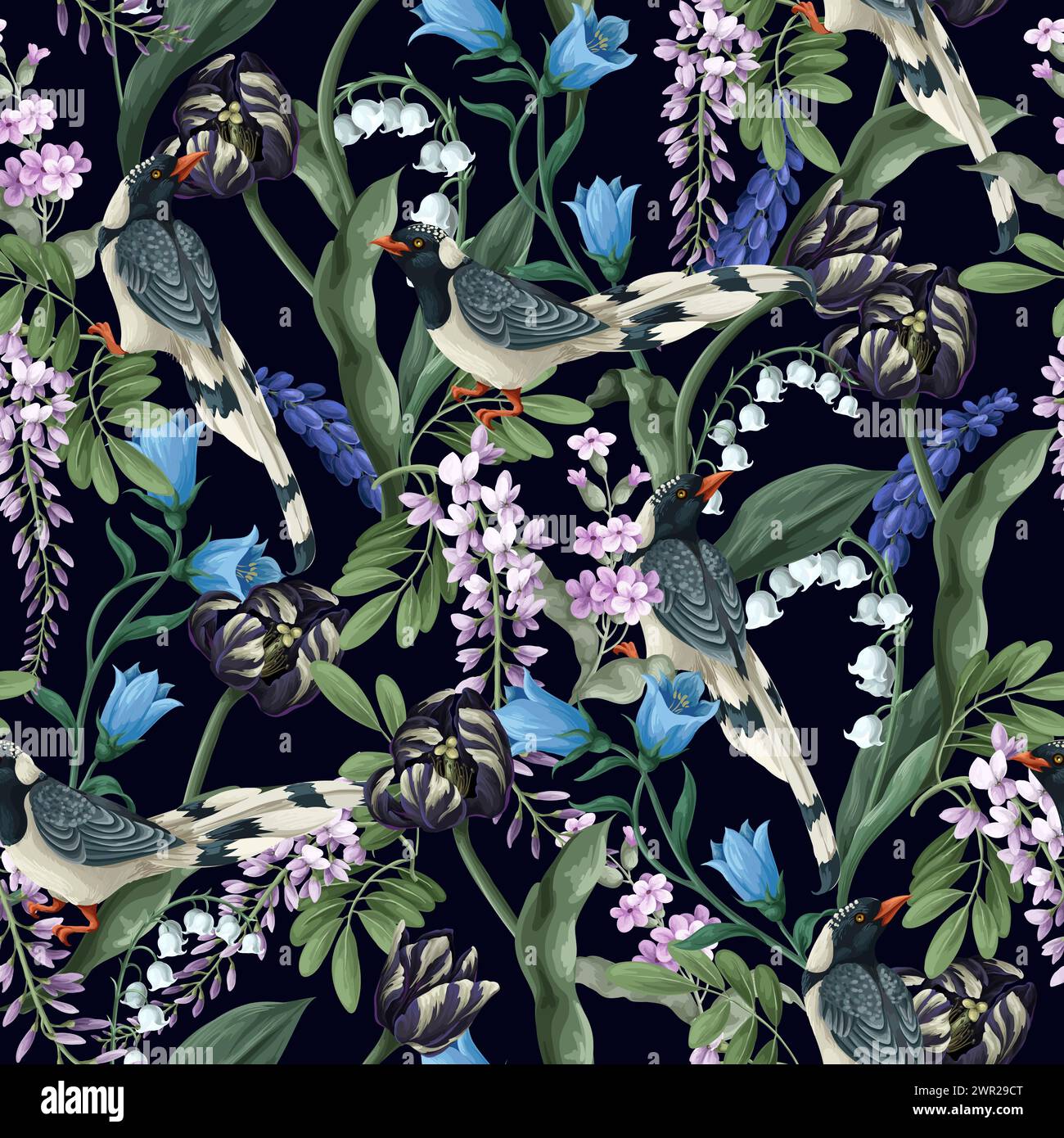 Seamless sensitive pattern with magpies and tulips. Vector Stock Vector ...