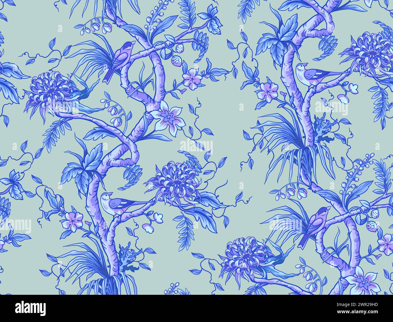 Seamless chinoiserie pattern with branches, flowers and birds. Vector ...