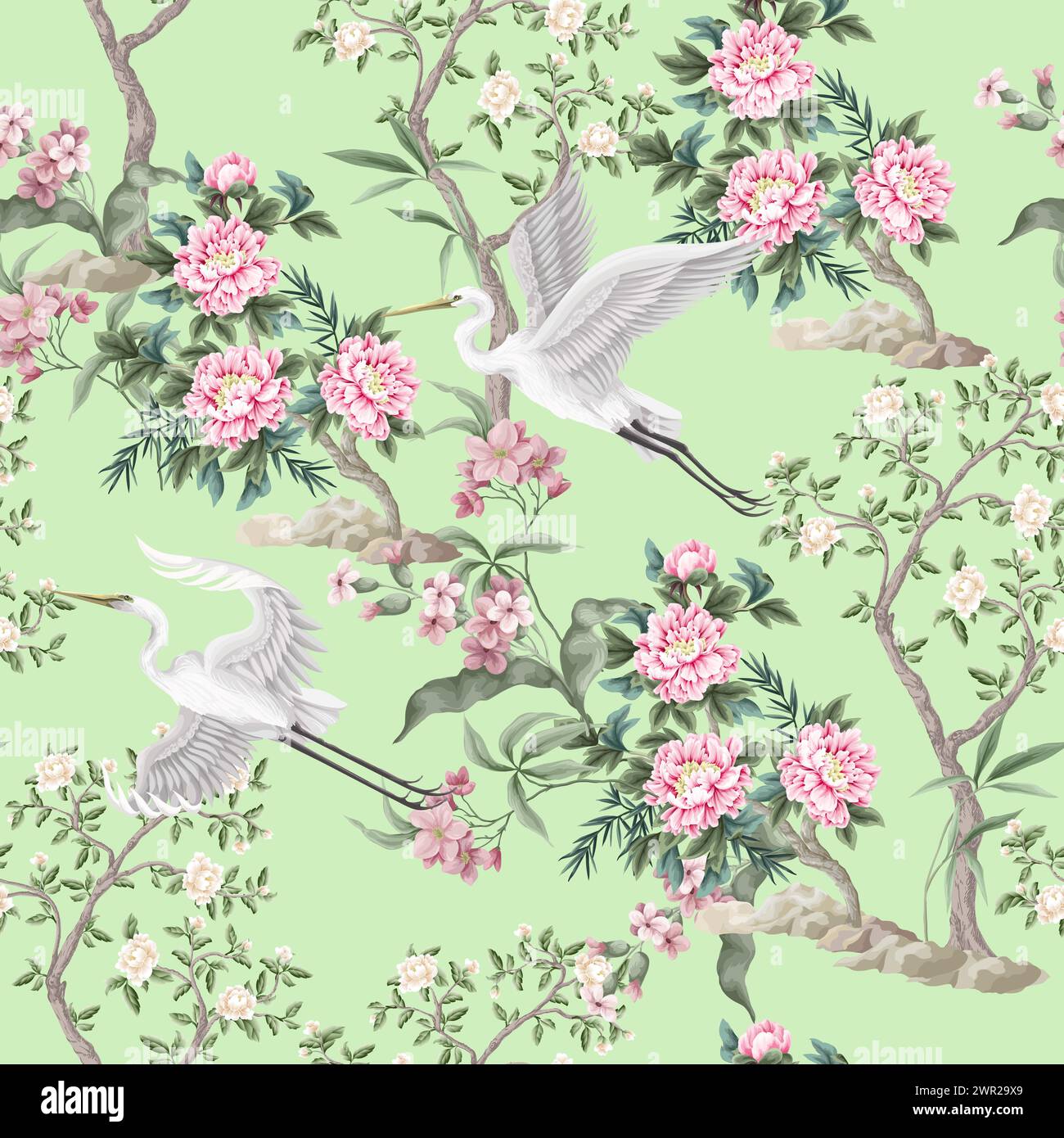 Chinoiserie seamless pattern with peonies trees and herond. Vector ...
