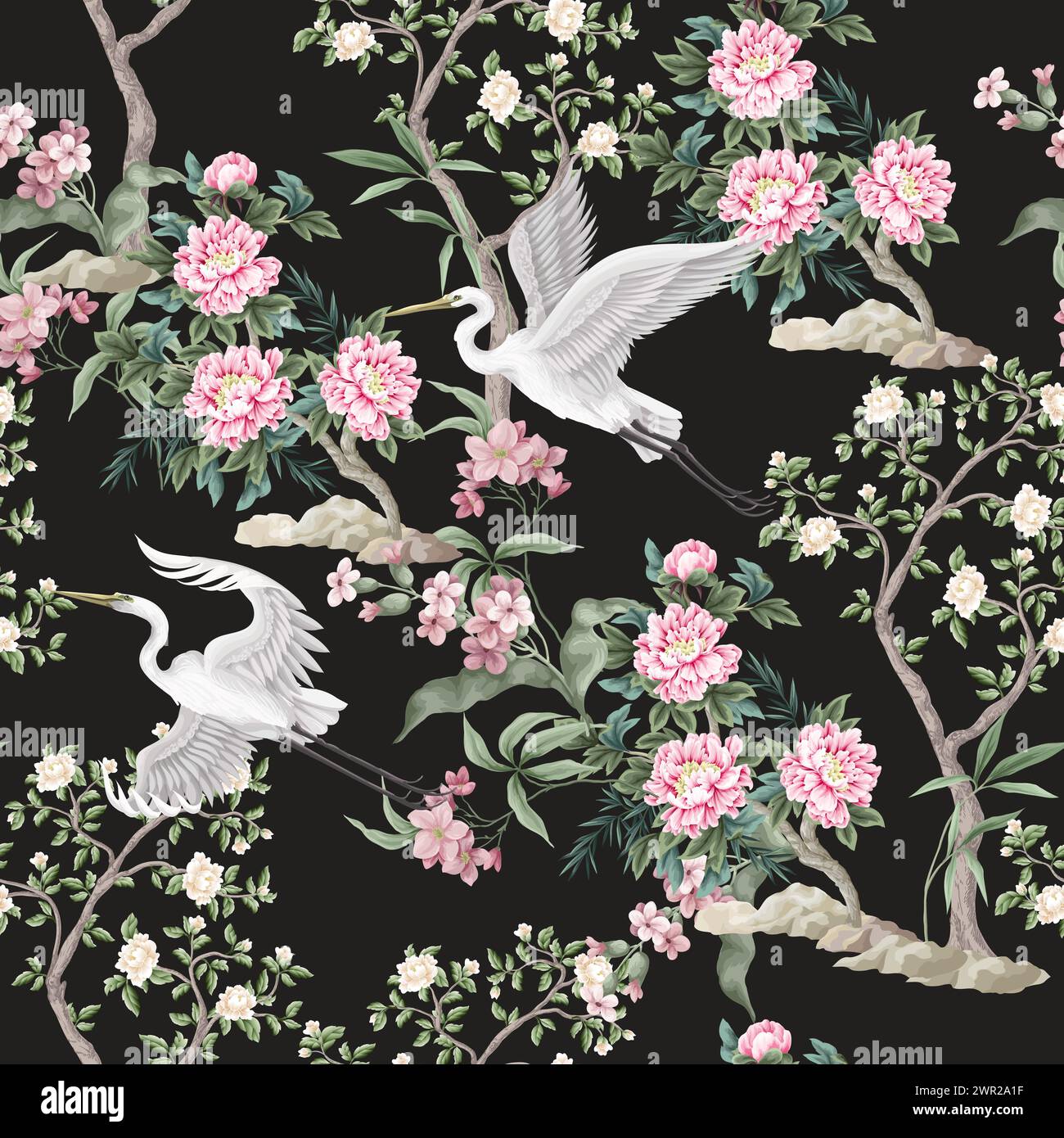 Chinoiserie seamless pattern with peonies trees and herond. Vector ...